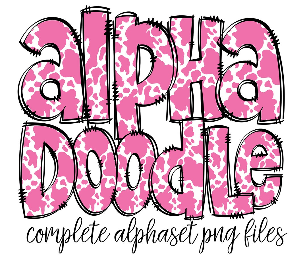 Pink Cow Strawberry Cow Print Doodle Letters, Hand Drawn Doodle Alpha ...