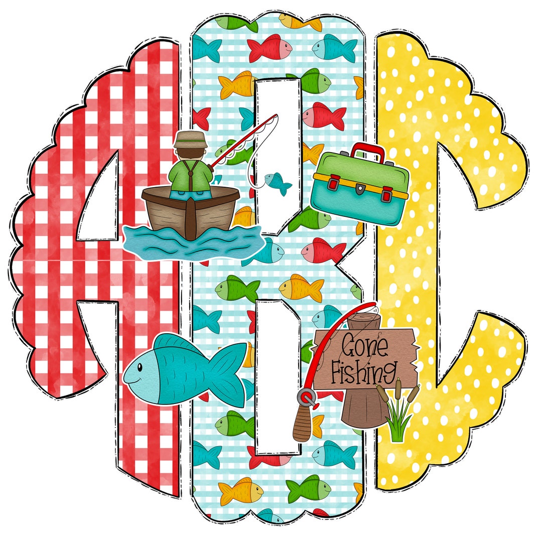 Fishing Doodle Monogram, Initials Alphabet, Scalloped Font, Dads Love ...