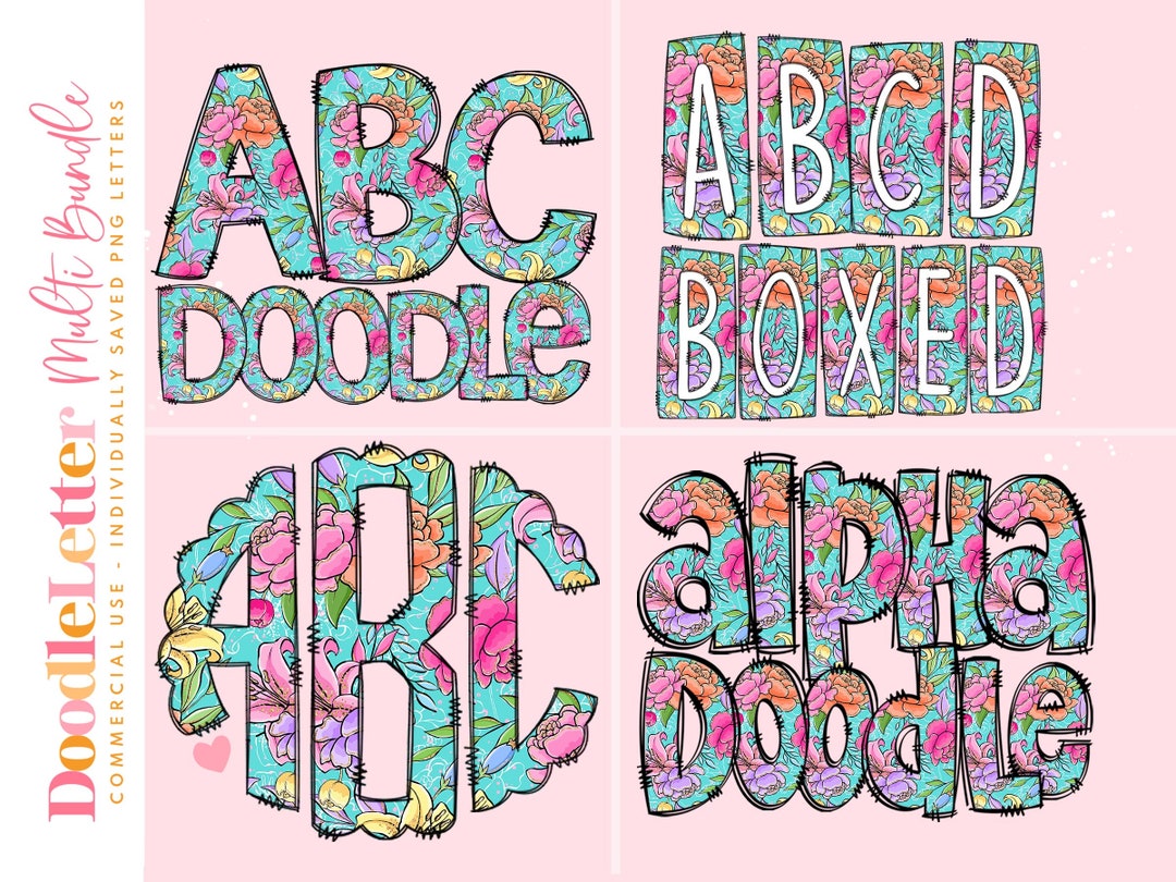 Spring Flowers on Blue Mega Doodle Letter Bundle, Alphabet Set, Clip ...