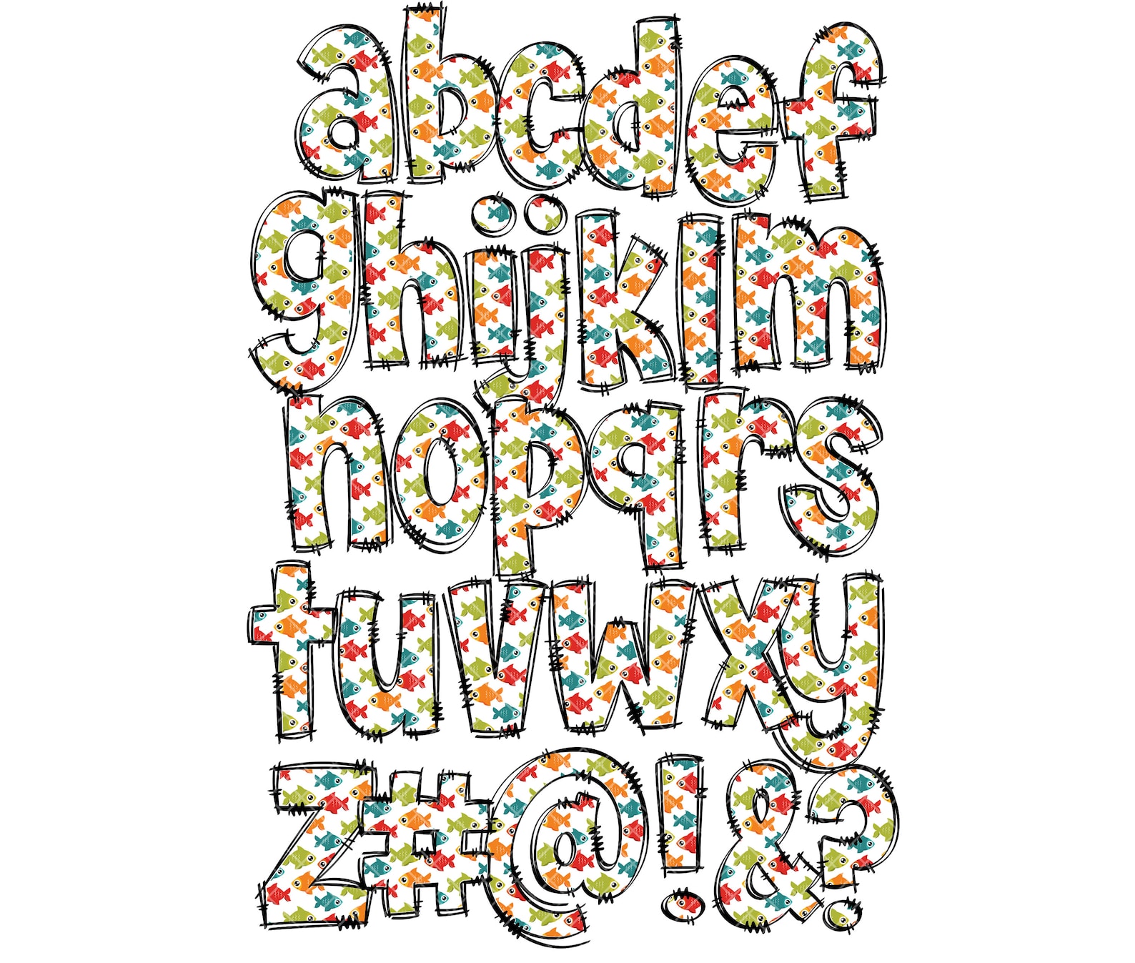 Kids Fishing Alphabet Letters PNG Bundle, Fish Doodle Letters, Hand ...