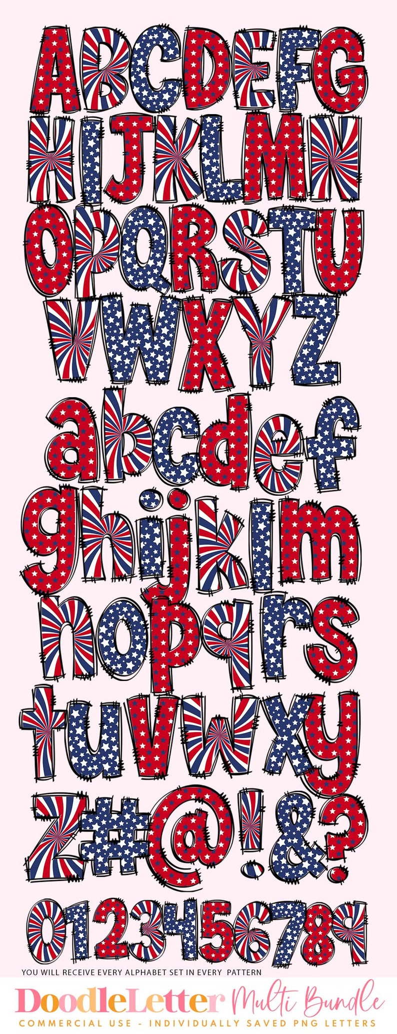 Usa Flag 3 Patterns Mega Doodle Letter Bundle, Alphabet Set, Clip Art ...