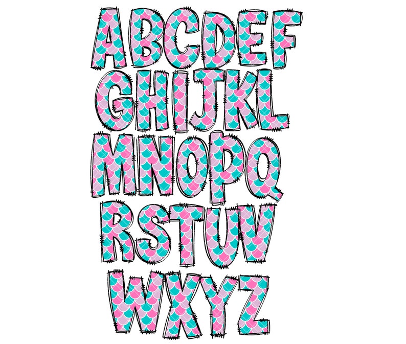 Mermaid Doodle Alphabet Letters PNG Bundle, Mermaid Scales Hand Drawn ...