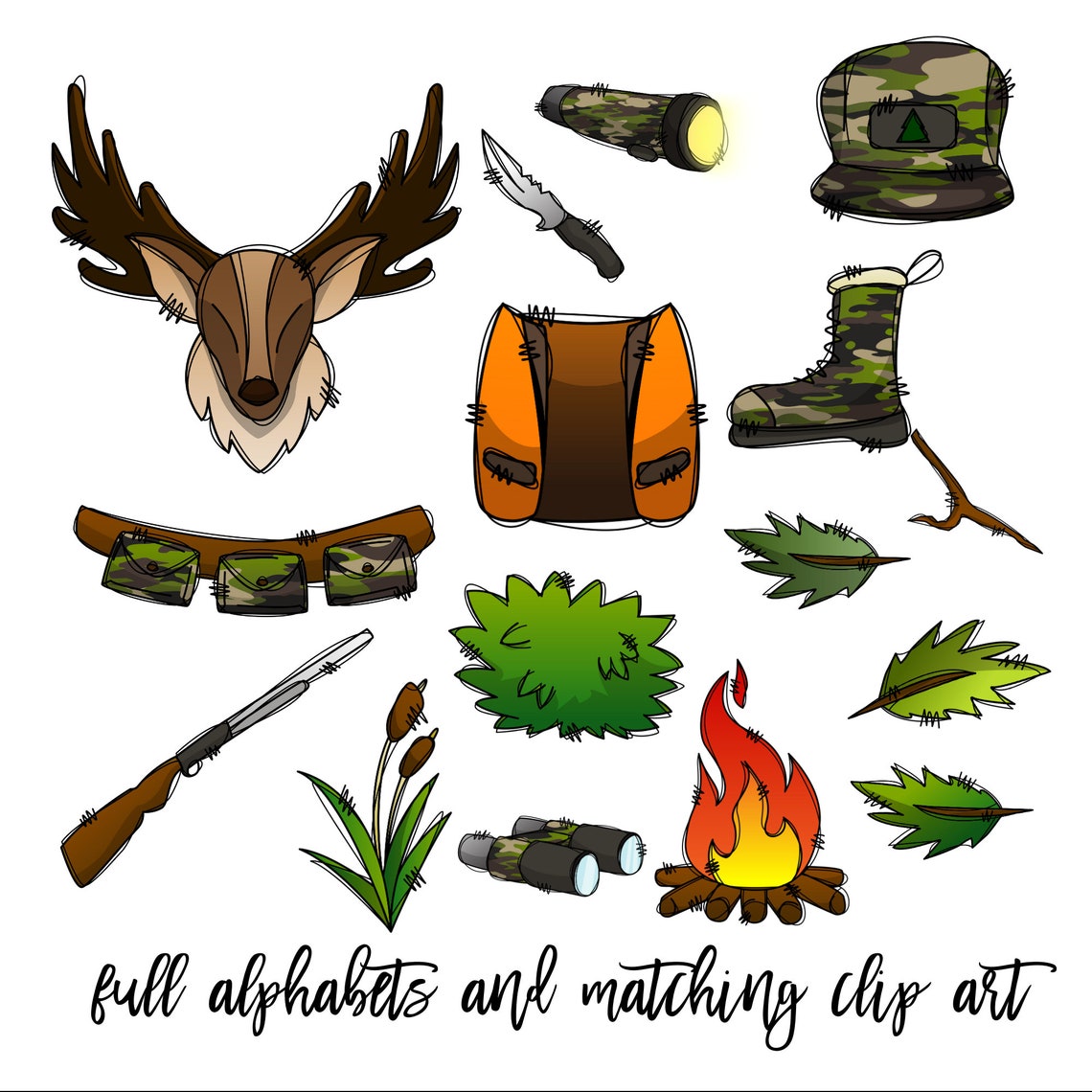 Hunting Doodle Alphabet Letters PNG Bundle Camo Green - Etsy