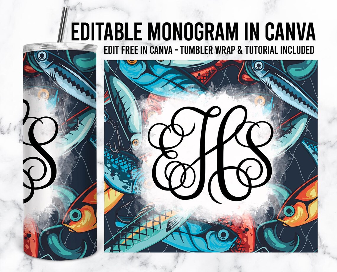 EDITABLE Fishing Monogram 20oz Straight Tumbler Wrap Designs - Etsy