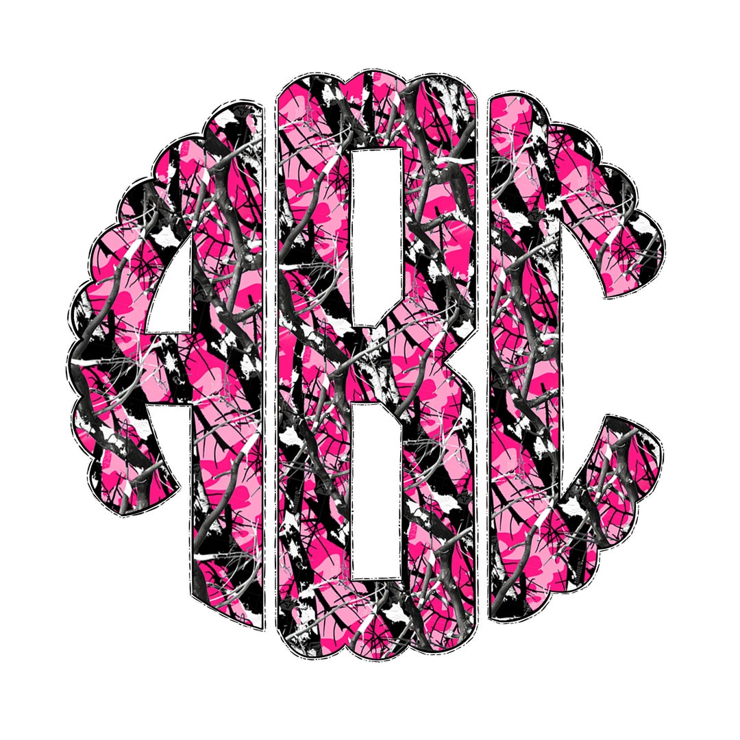 Pink Neon Camo Doodle Monogram, Initials Alphabet, Scalloped Font, Pink ...