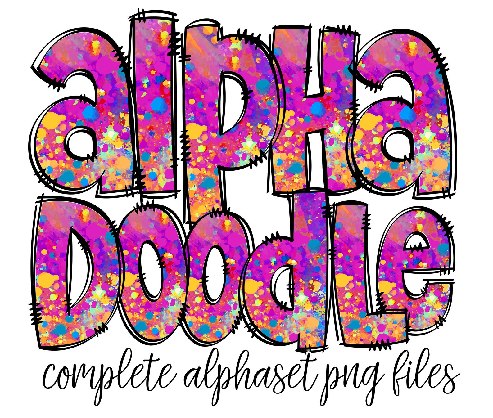 Rainbow Splatter Doodle Letters, Hand Drawn Doodle Alpha Bundle ...