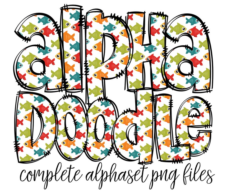 Kids Fishing Alphabet Letters PNG Bundle, Fish Doodle Letters, Hand ...