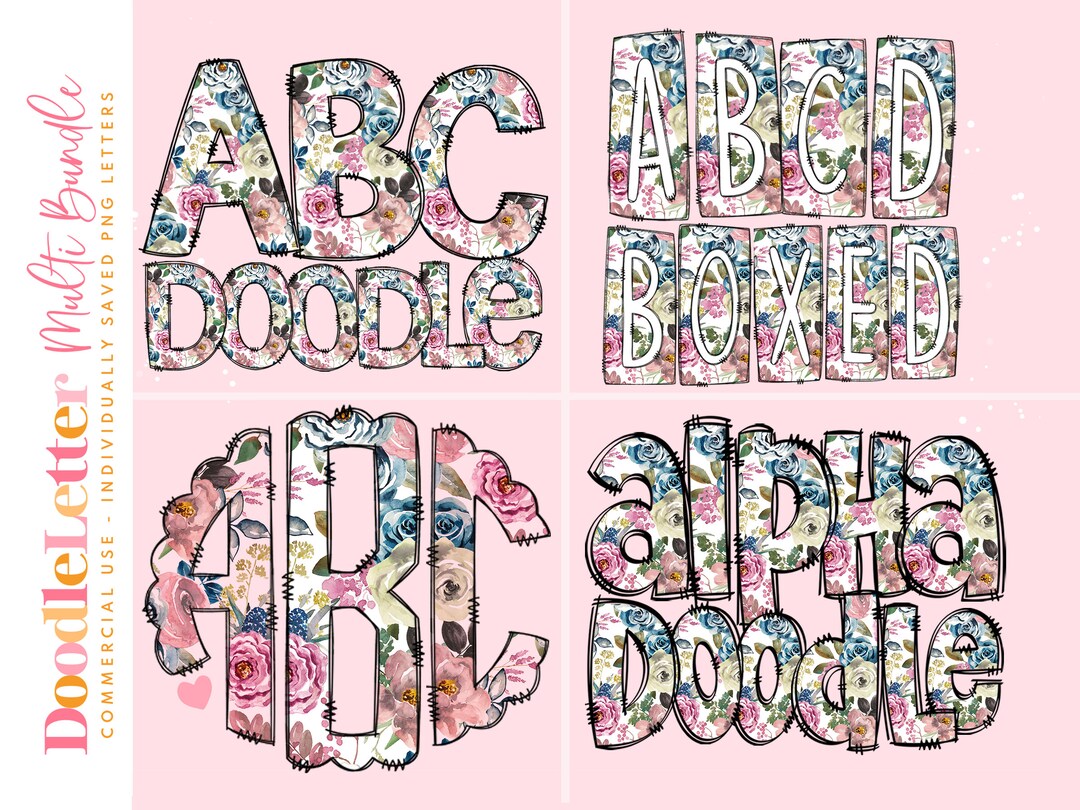 Boho Flwoers Mega Doodle Letter Bundle, Bright Colorful Floral Alphabet ...