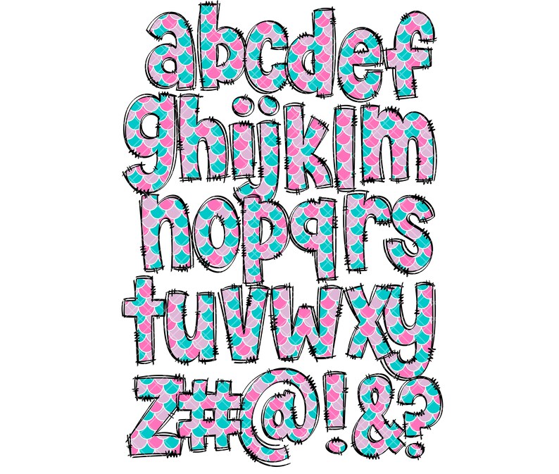 Mermaid Doodle Alphabet Letters PNG Bundle, Mermaid Scales Hand Drawn ...