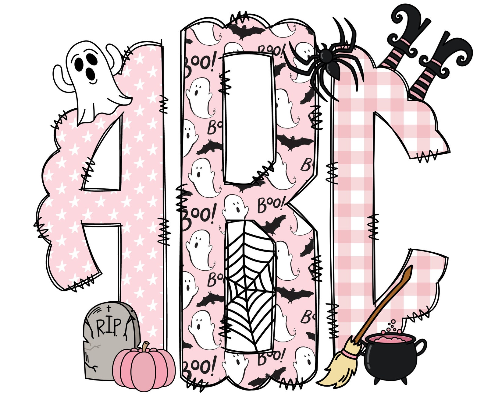 Pink Halloween Monogram Letters With Clip Art PNG, Fall Autumn Clipart ...