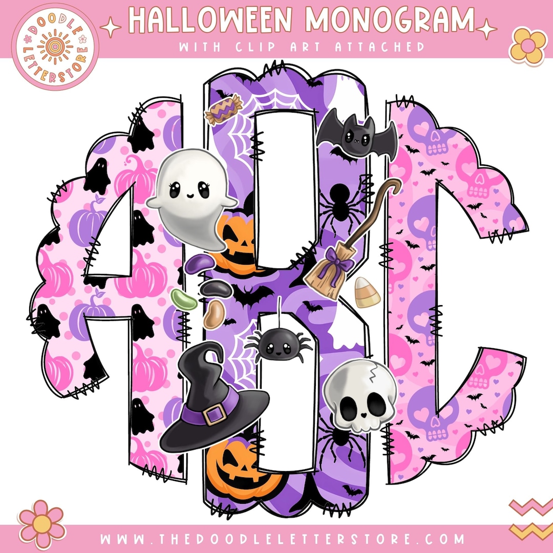 Pink Pastel Halloween Monogram Letter With Clip Art PNG, Halloween ...
