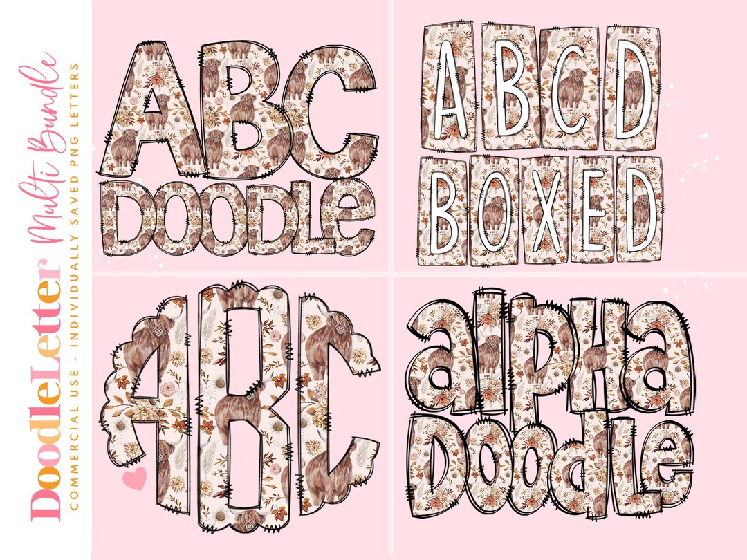 Fall Highland Cow Pattern Mega Doodle Letter Bundle, Alphabet Set, Clip ...