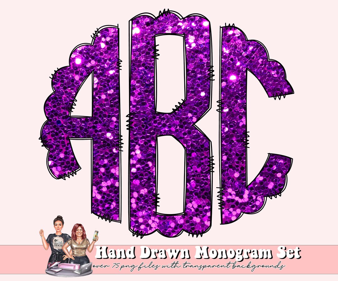 Bright Purple Doodle Letters PNG Bundle, Chunky Glitter Procreate Hand ...