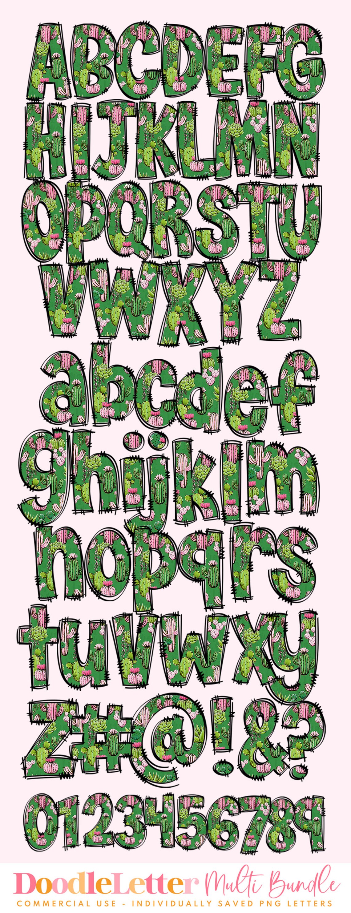 Green Cactus Mega Doodle Letter Bundle, Bright Colorful Floral Alphabet ...