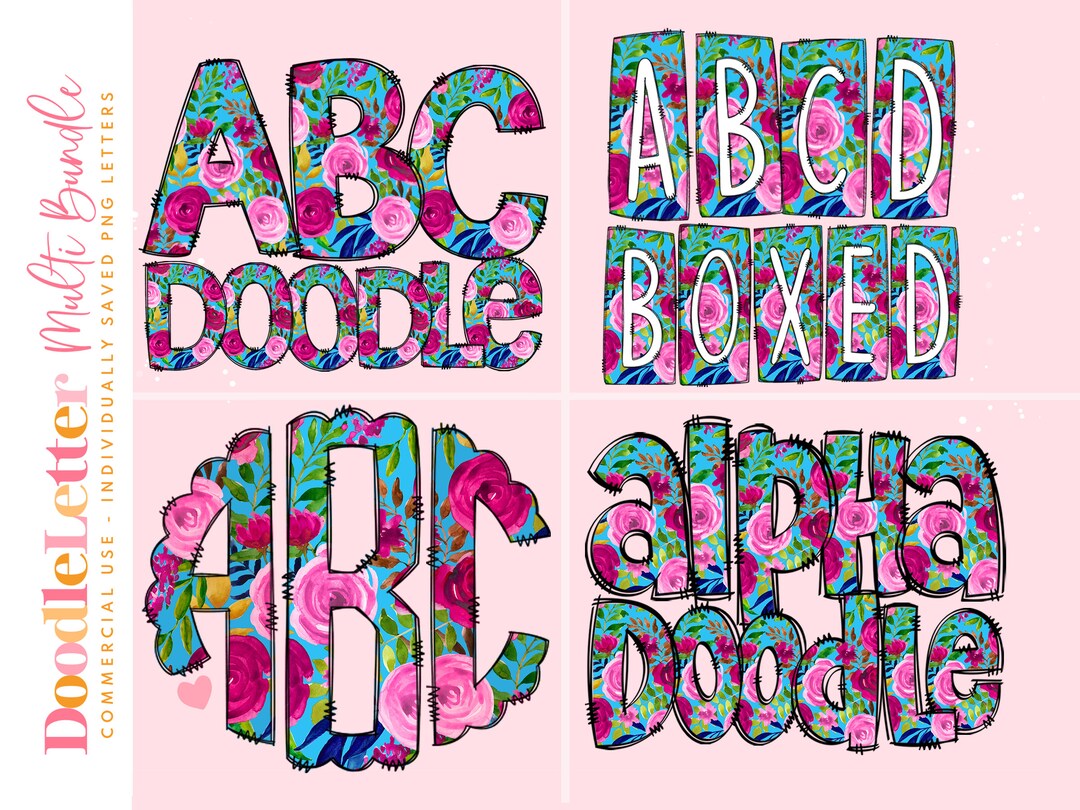 Pink Roses With Teal Mega Doodle Letter Bundle, Alphabet Set, Clip Art ...