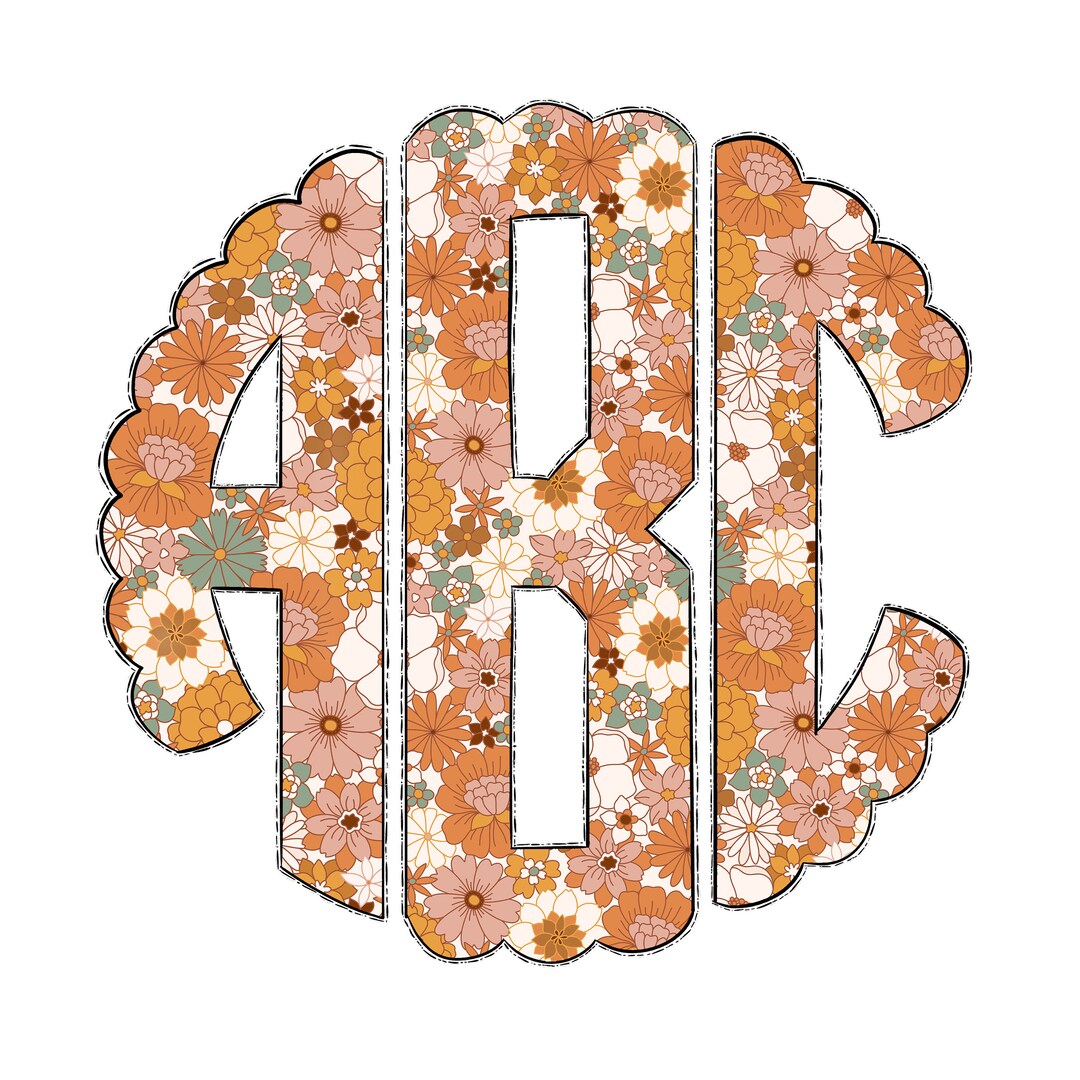 Retro Flowers Doodle Monogram, Initials Alphabet, Scalloped Font, Boho ...