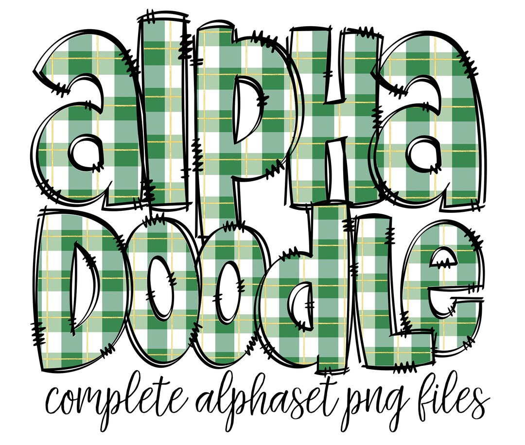 Gingham Green Doodle Letters, Plaid Hand Drawn Doodle Alpha Bundle ...