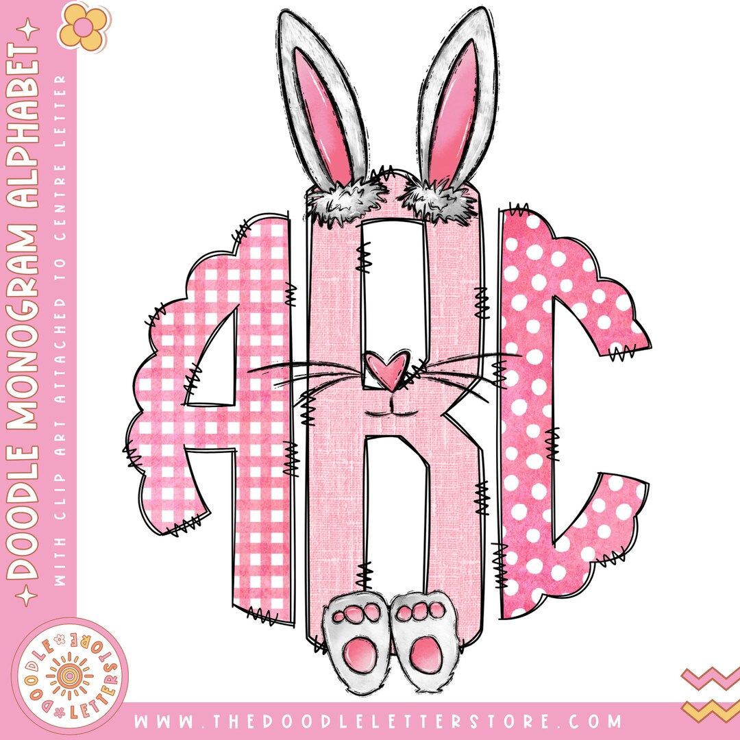 Pink Easter Bunny Ears Monogram Letters, Easter Sublimation PNG Hand ...