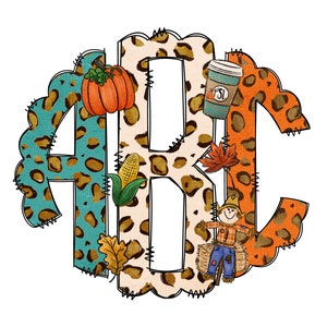 Fall Monogram Letters, Autumn Leaves Sublimation PNG Elements Hand ...