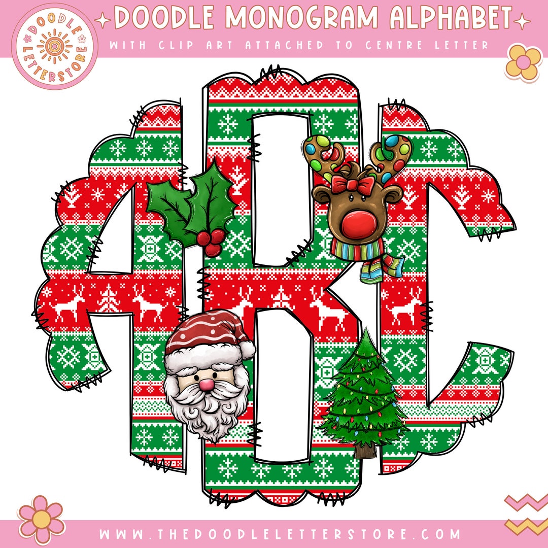Christmas Monogram, Santa Reindeer Mistle Toe Alphabet, Digital ...