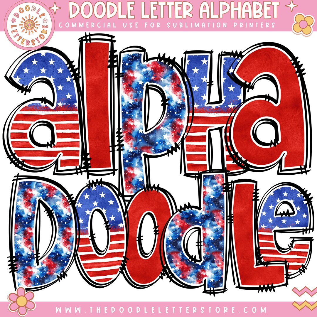 4TH July USA Flag Doodle Letters PNG Bundle, Red White & Blue Digital ...