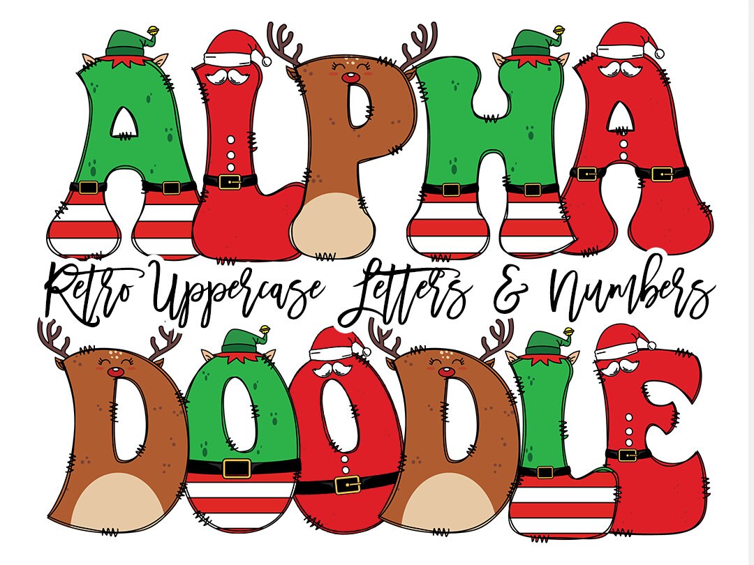 Christmas Doodle Letters and Numbers, Uppercase Alphabet Set, Retro ...