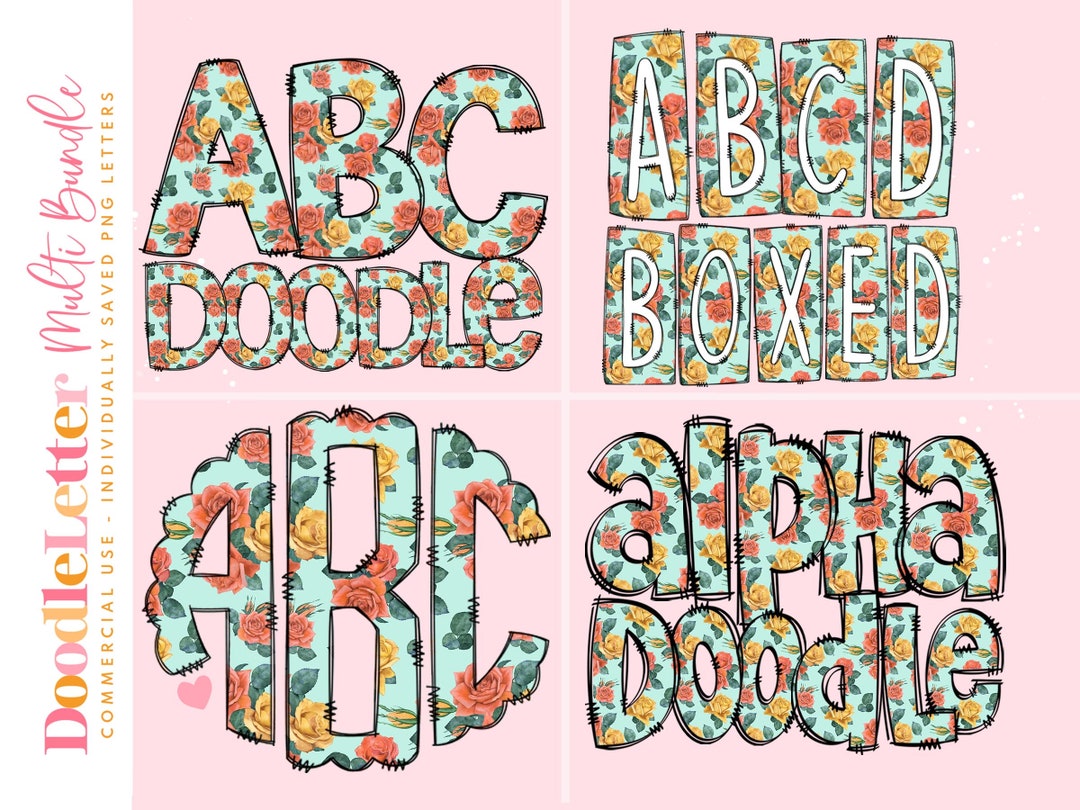Autumn Blue Floral Mega Doodle Letter Bundle, Alphabet Set, Clip Art ...