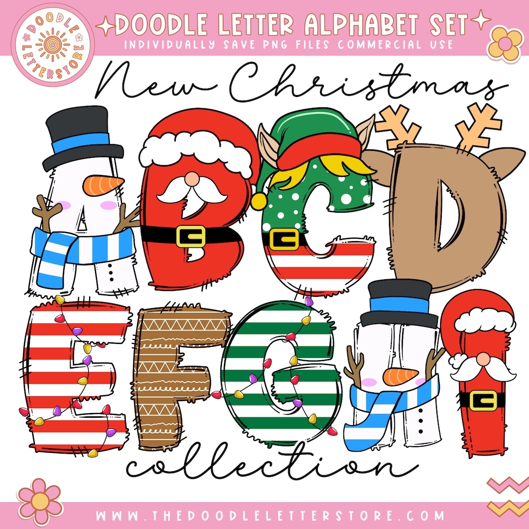 Christmas Clip Art Doodle Letters, Uppercase Alphabet Set, Retro ...