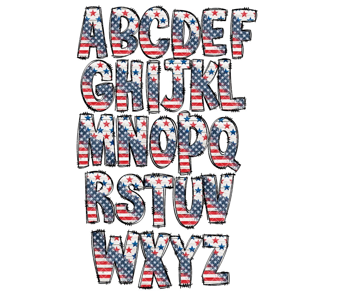 Rustic Flag Alphabet Letters PNG Bundle, Patriotic USA Flag Doodle ...