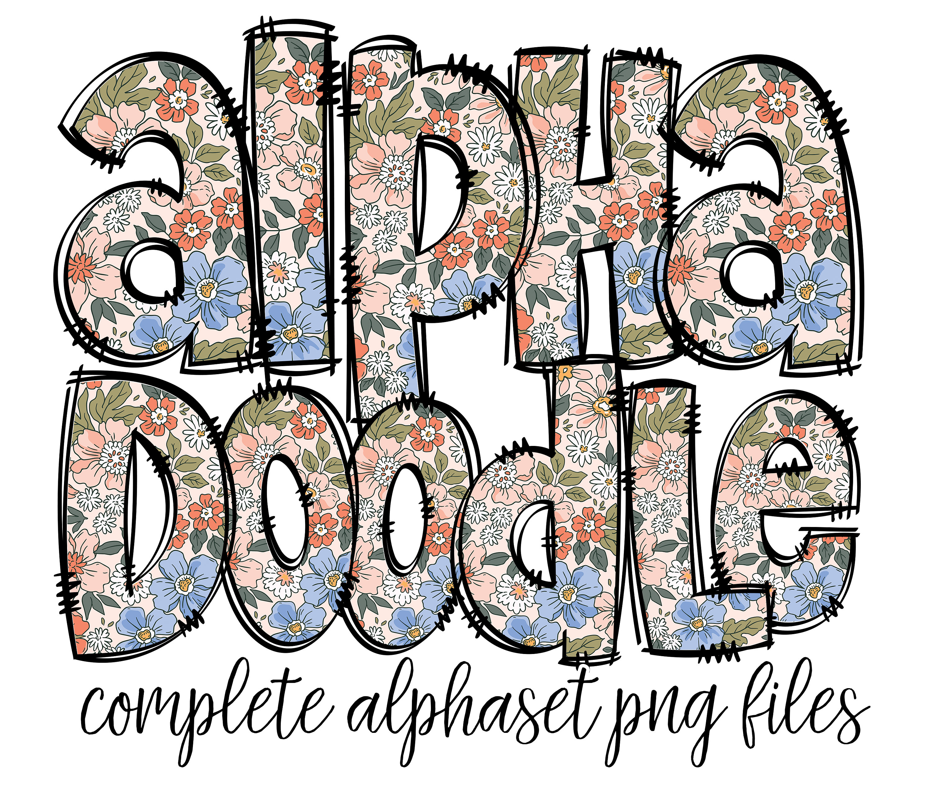 Retro Boho Floral Doodle Letters Hand Drawn Doodle Alpha - Etsy