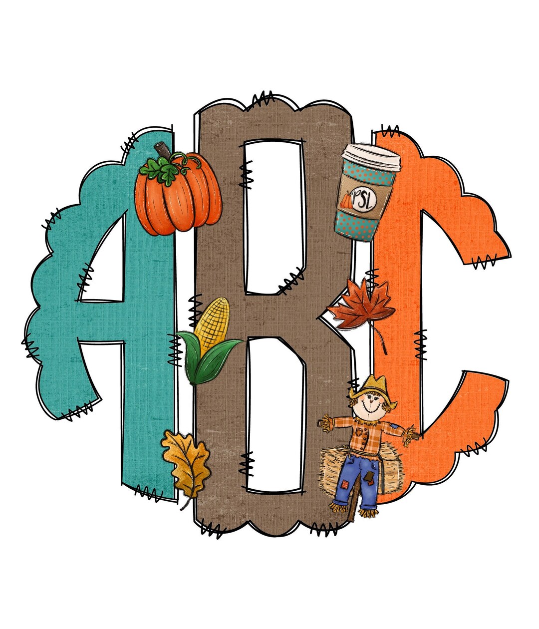 Fall Monogram Letters, Autumn Leaves Sublimation PNG Elements Hand ...