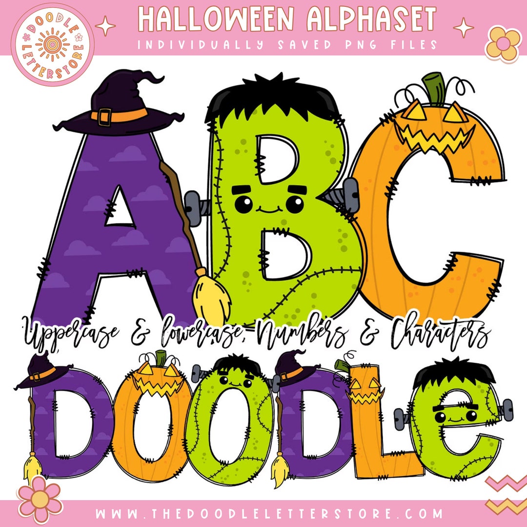 Halloween Doodle Letters, Spooky Sublimation Font, Witch Pumpkin Doodle ...