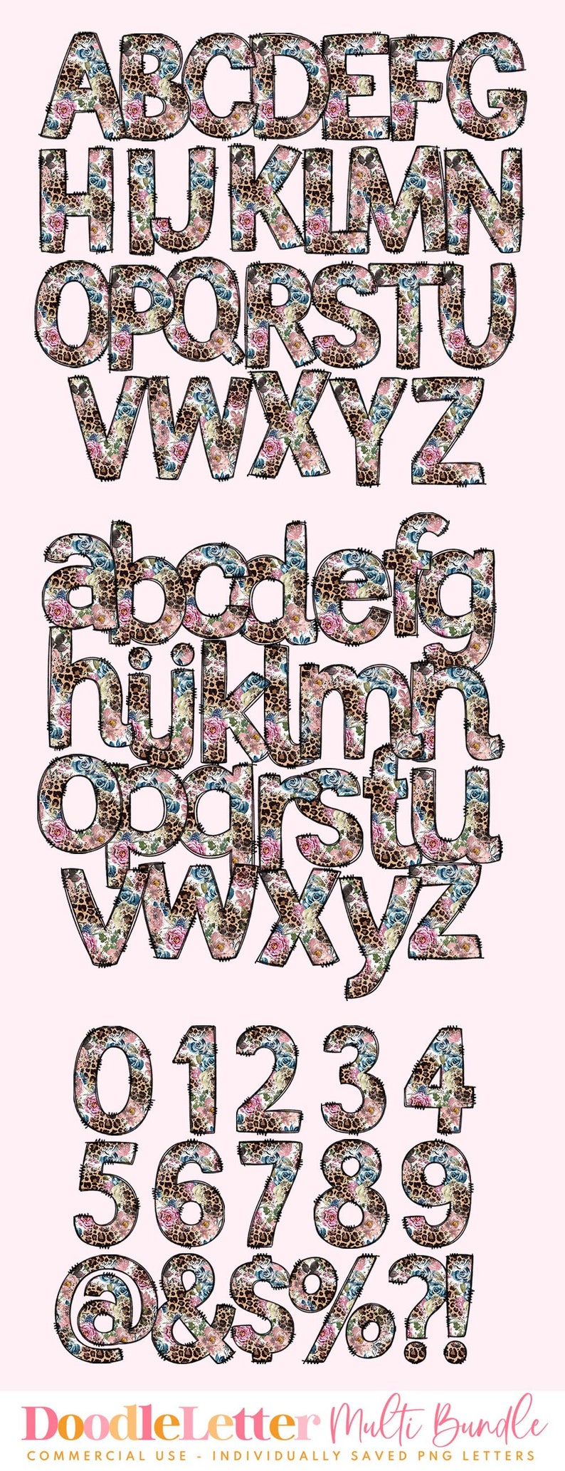 Floral Boho Leaopard Mega Doodle Letter Bundle, Alphabet Set, Clip Art ...
