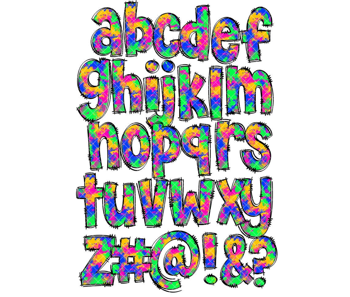 Bright Neon Rainbow Doodle Letters Hand Drawn Doodle Alpha - Etsy