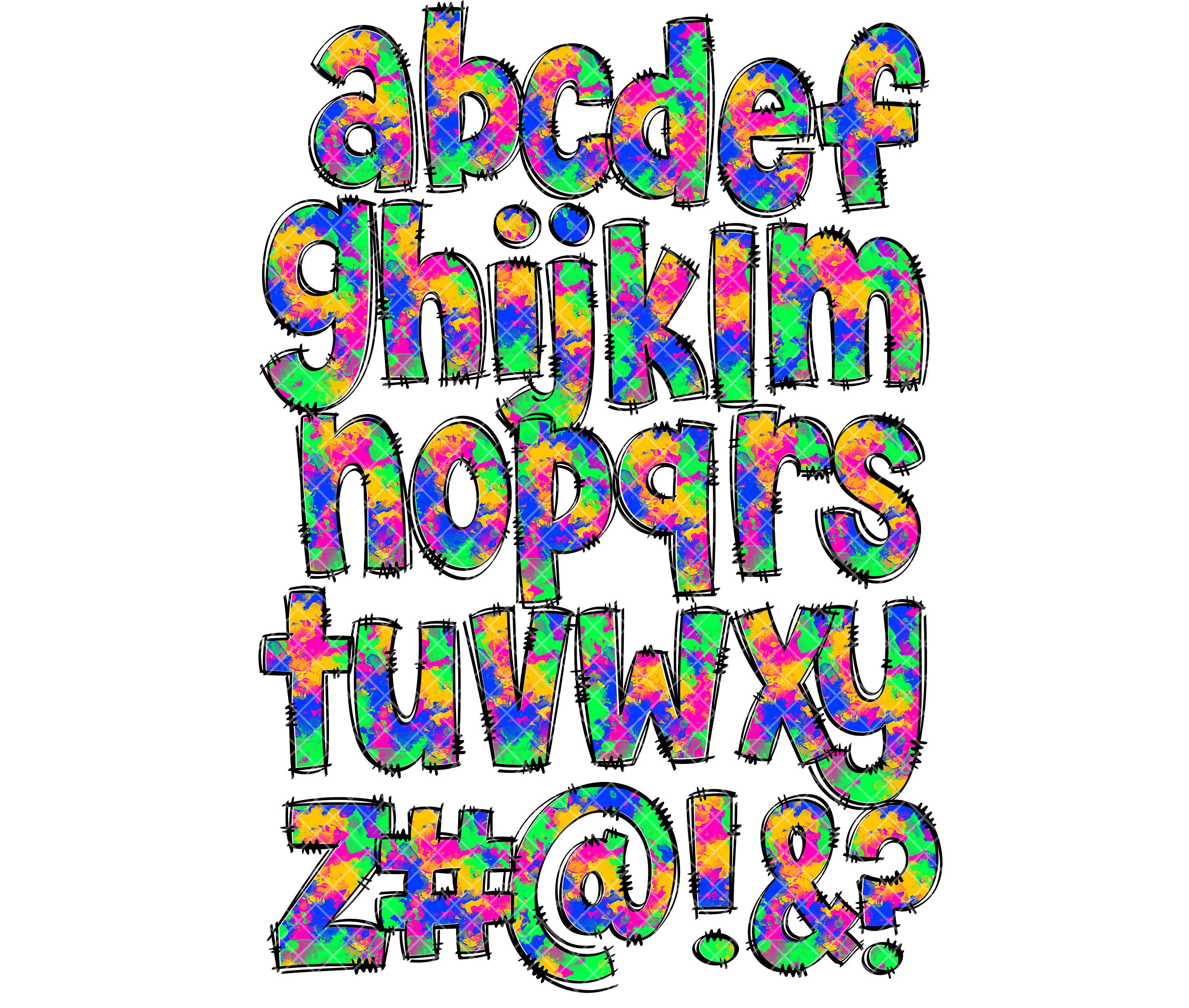 Bright Neon Rainbow Doodle Letters Hand Drawn Doodle Alpha - Etsy