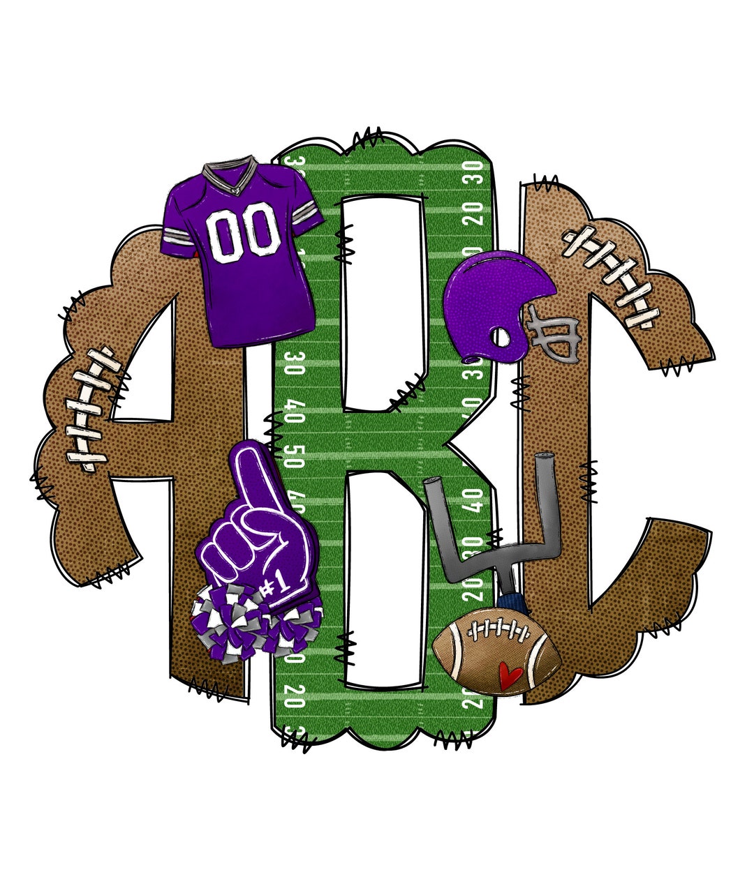 Purple FOOTBALL Monogram Png Letters, Fall Sports Sublimation Hand ...