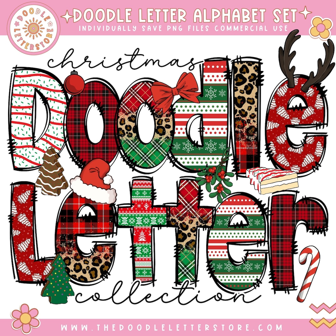Christmas Clip Art Doodle letras y números, conjunto de alfabeto en ...