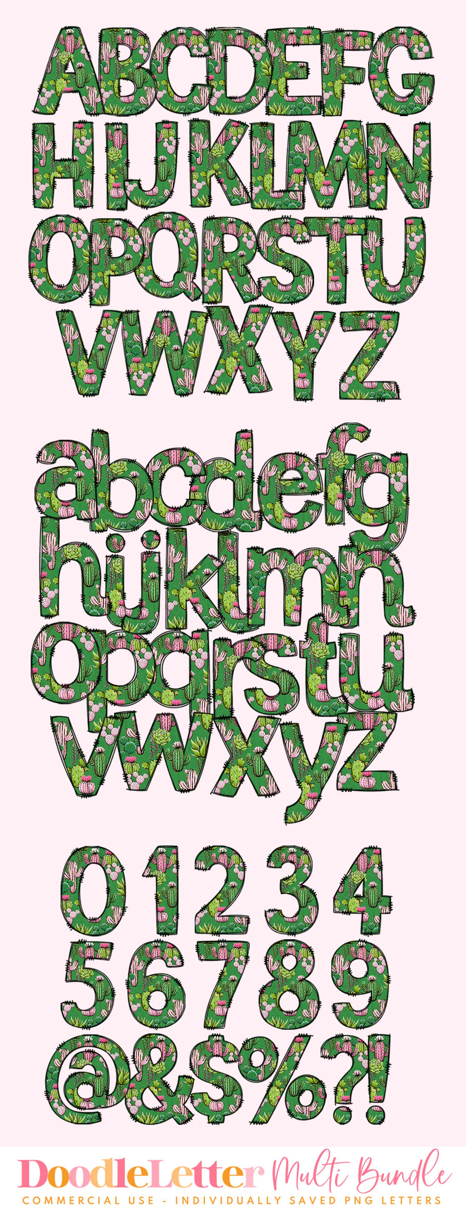 Green Cactus Mega Doodle Letter Bundle, Bright Colorful Floral Alphabet ...