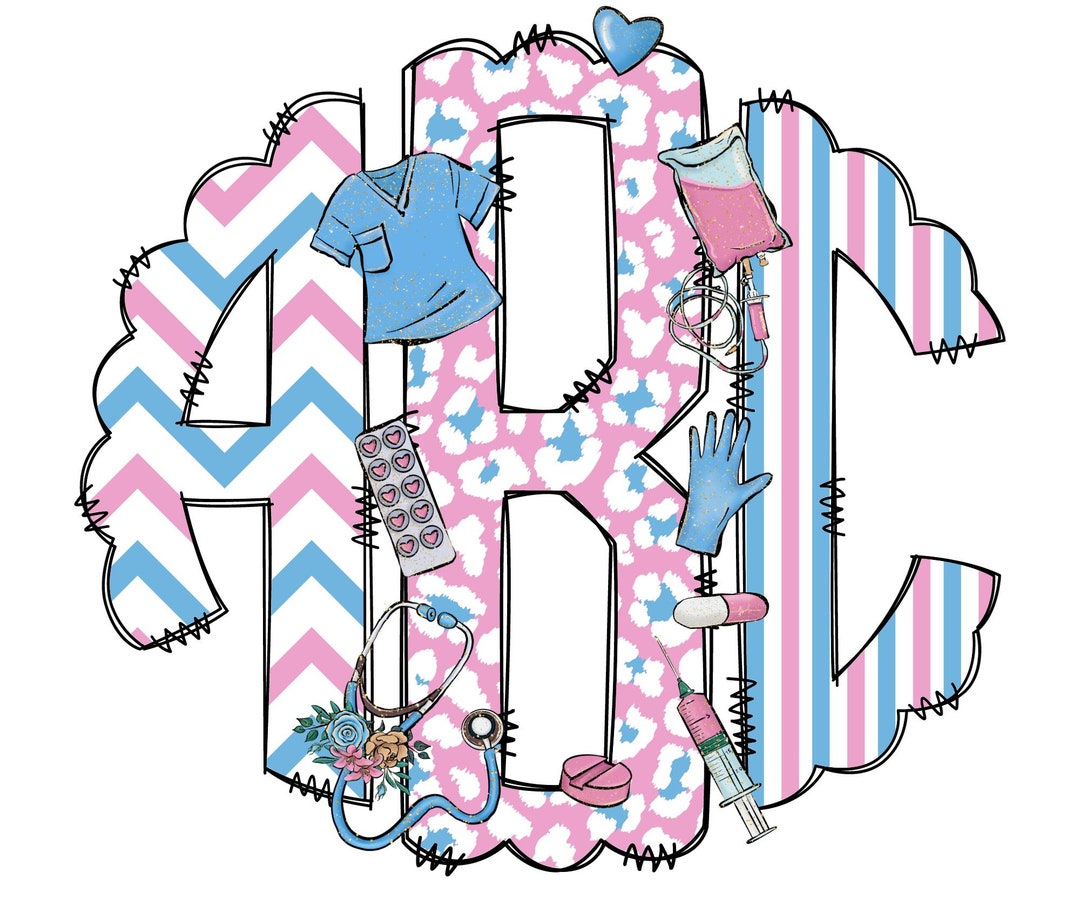 Nurse Monogram Letters, Medical Sublimation PNG Elements Hand Drawn ...