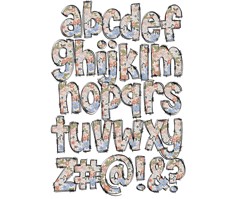 Retro Boho Floral Doodle Letters Hand Drawn Doodle Alpha - Etsy