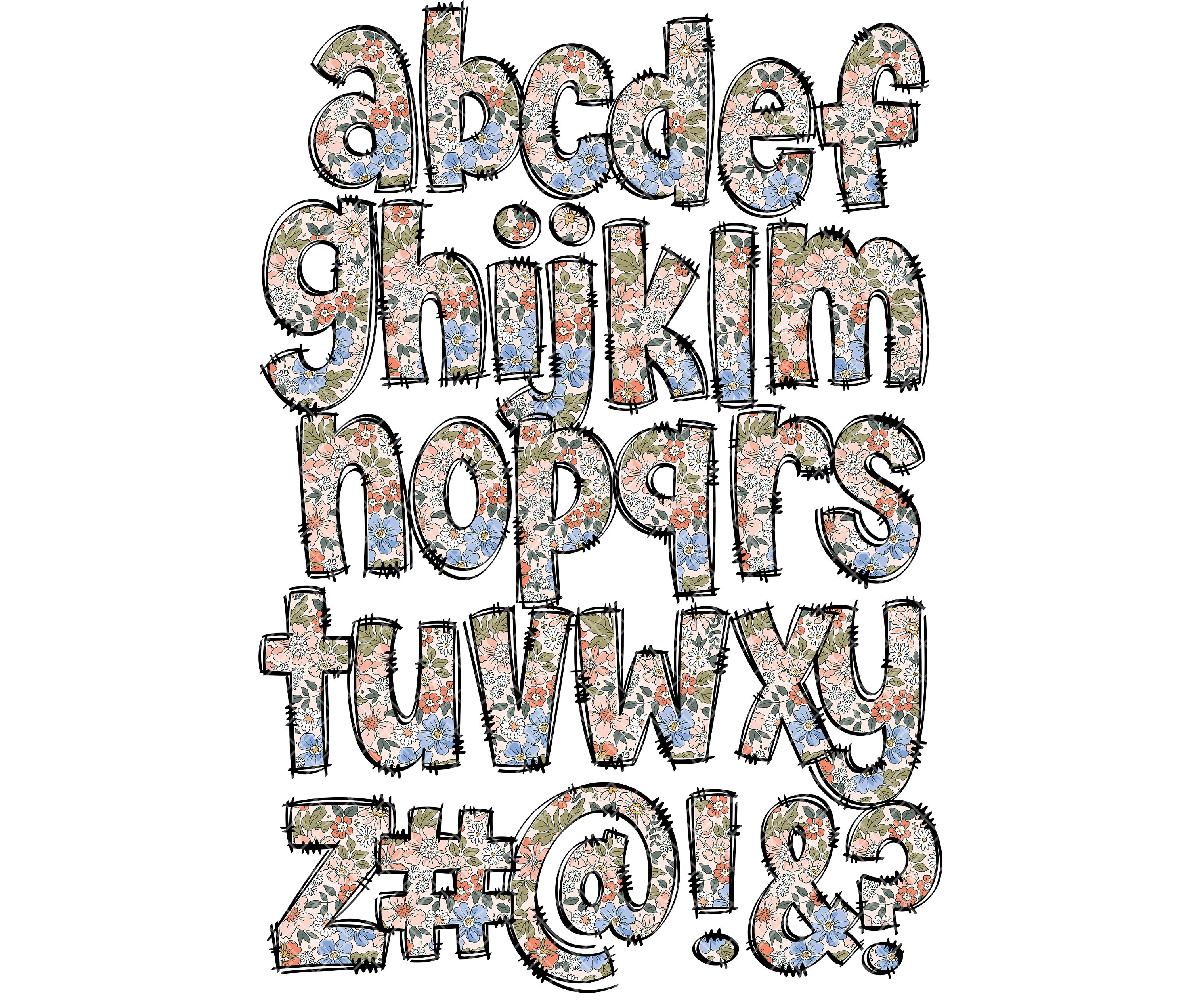 Retro Boho Floral Doodle Letters Hand Drawn Doodle Alpha - Etsy