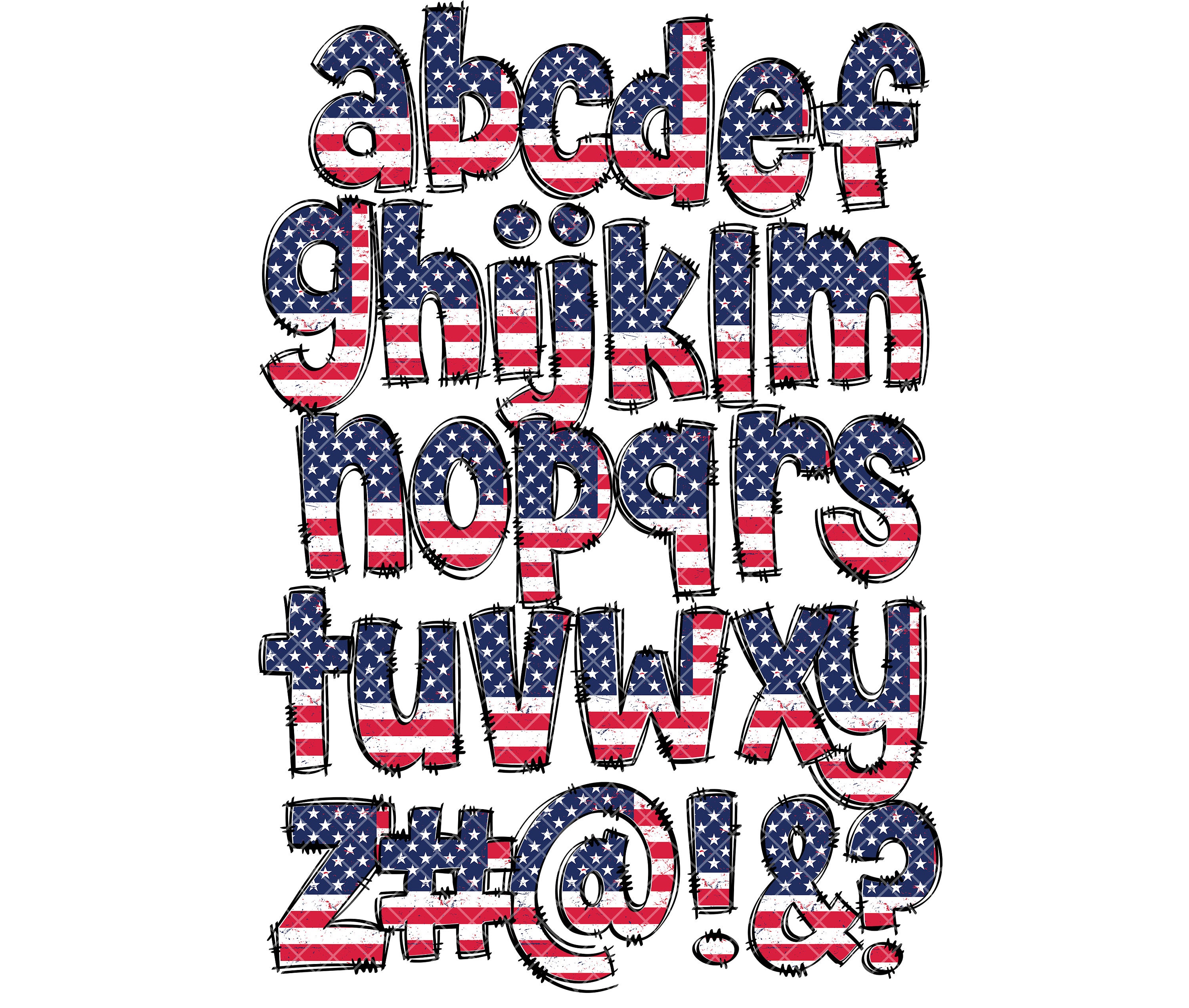 USA Alphabet Letters PNG Bundle, Patriotic American Flag Doodle Letters ...