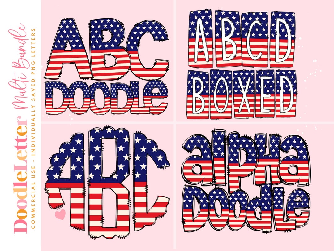 Usa Bright Flag Mega Doodle Letter Bundle, Alphabet Set, Clip Art Letters, Doodle Monogram ...