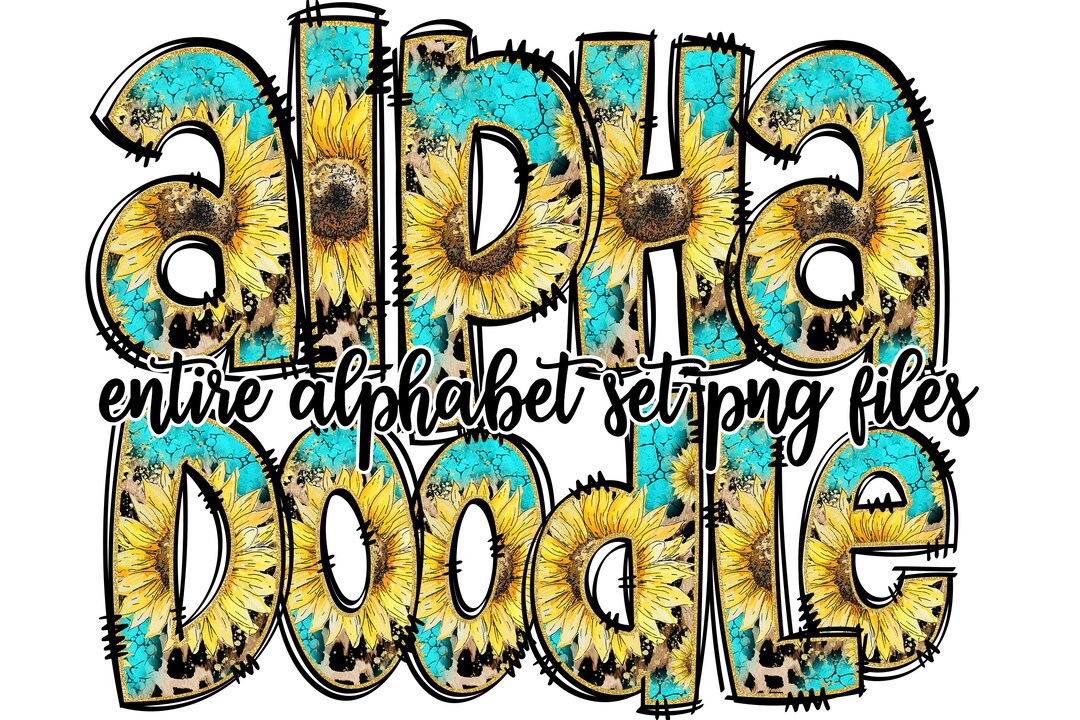 Turquoise Leopard Sunflower Doodle Alphabet Letters PNG Bundle, Floral ...