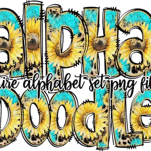 Turquoise Leopard Sunflower Doodle Alphabet Letters PNG Bundle, Floral ...