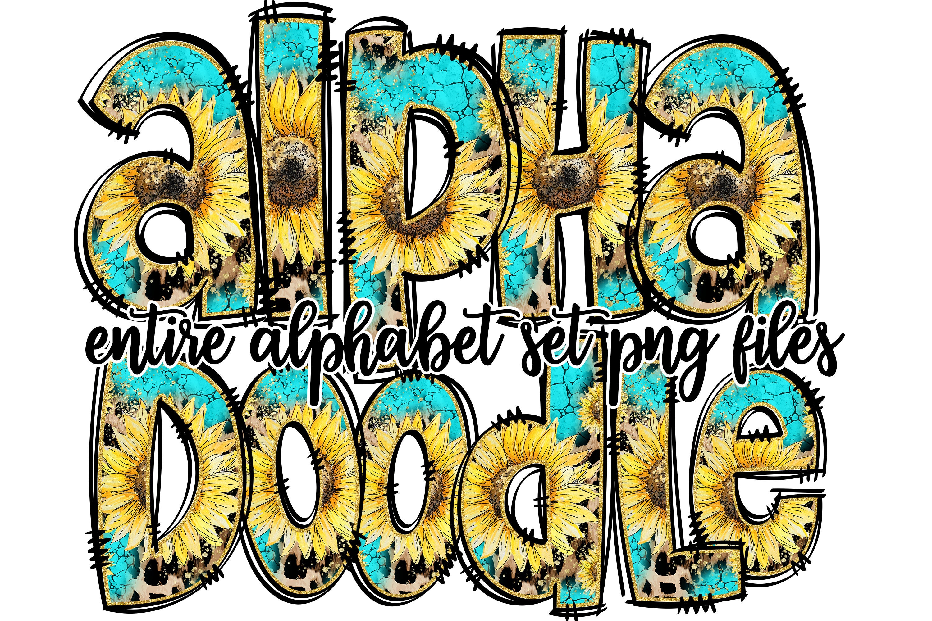 Turquoise Leopard Sunflower Doodle Alphabet Letters PNG - Etsy