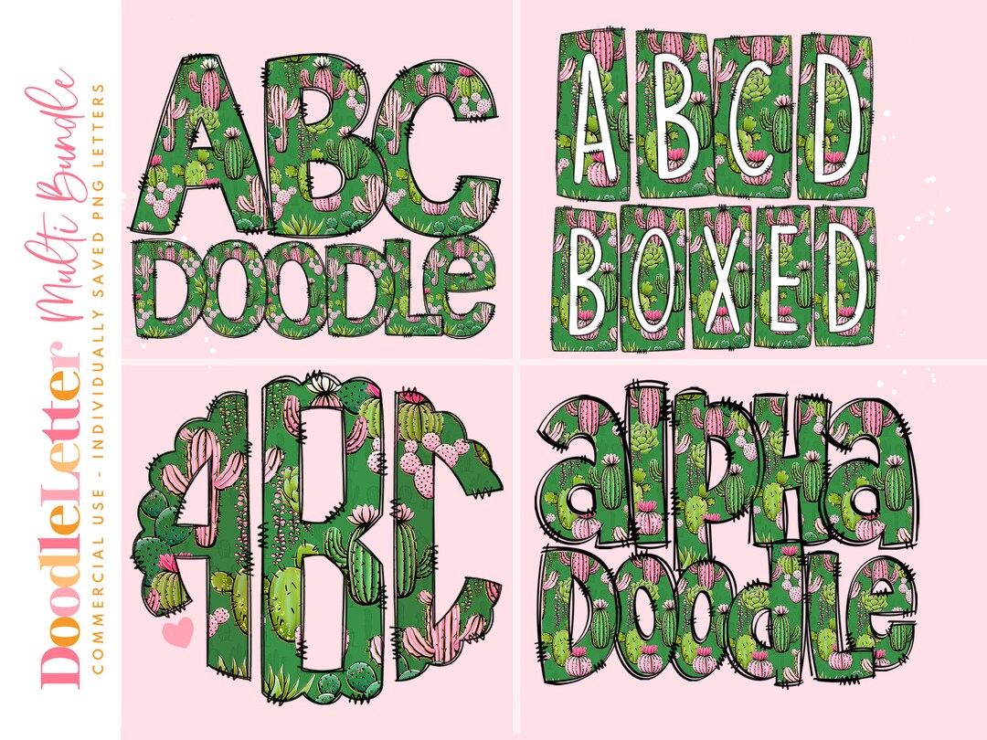Green Cactus Mega Doodle Letter Bundle, Bright Colorful Floral Alphabet ...