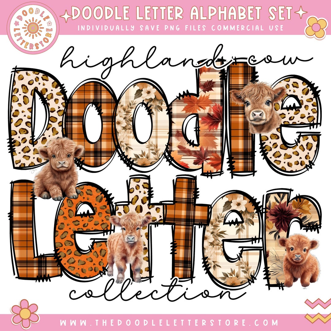 Highland Cow Lover Rustic Cowhide Doodle Alphabet Letters PNG Bundle ...