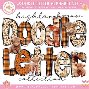 Highland Cow Lover Rustic Cowhide Doodle Alphabet Letters PNG Bundle ...