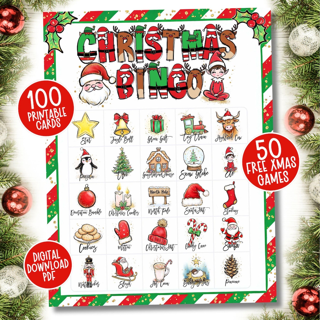 Printable Christmas Bingo, 100 Christmas Bingo Cards for Kids Christmas ...
